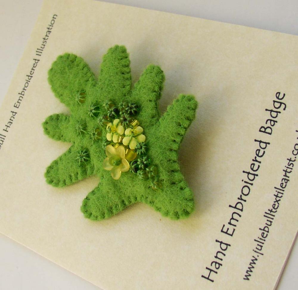 Hand Embroidered Wool Felt Brooch. Spring Oak Leaf. on Luulla